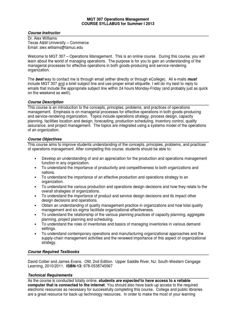 MGT 307 Operations Management Syllabus | PDF | Quiz | Test (Assessment)