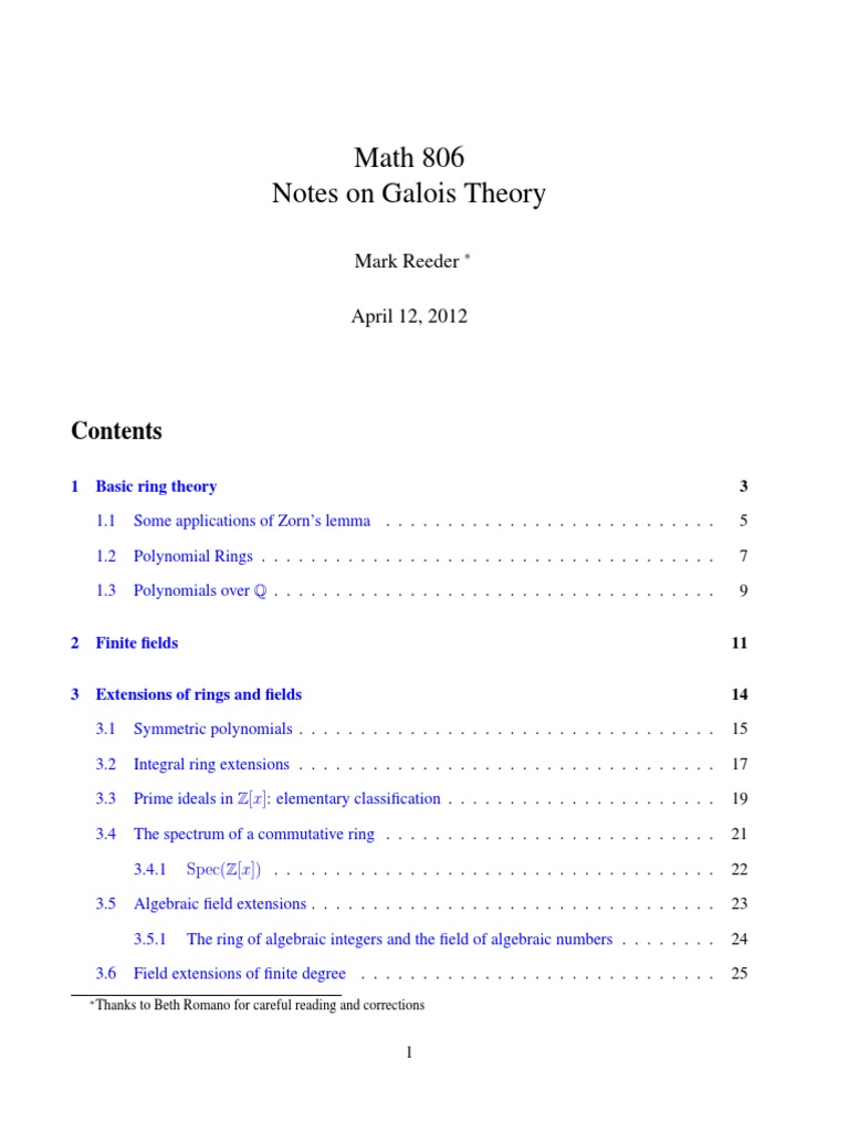 Math 806 Notes On Galois Theory: Mark Reeder | PDF | Ring (Mathematics ...