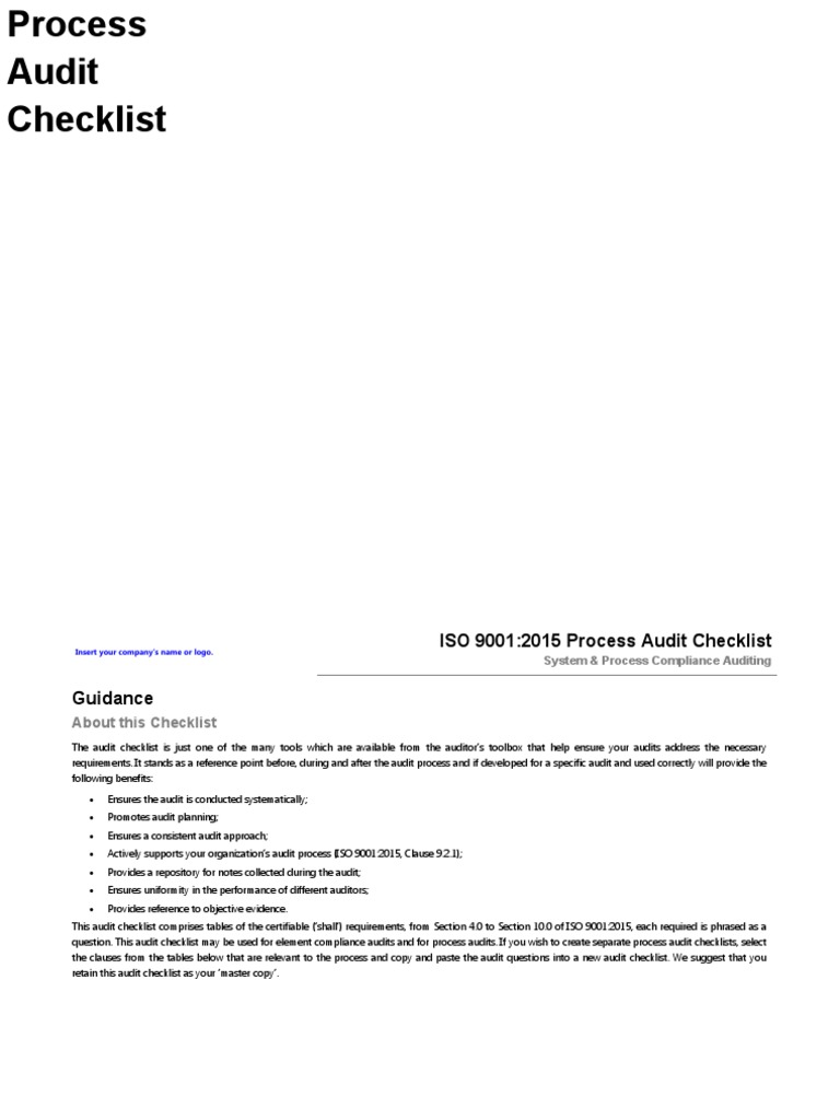 ISO 9001-2015 Process Audit Checklist | PDF | Iso 9000 | Audit