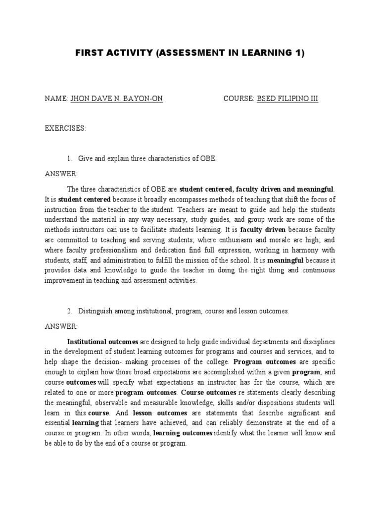FIRST ACTIVITY in Assessment in Learning 1 | PDF | Teachers ...