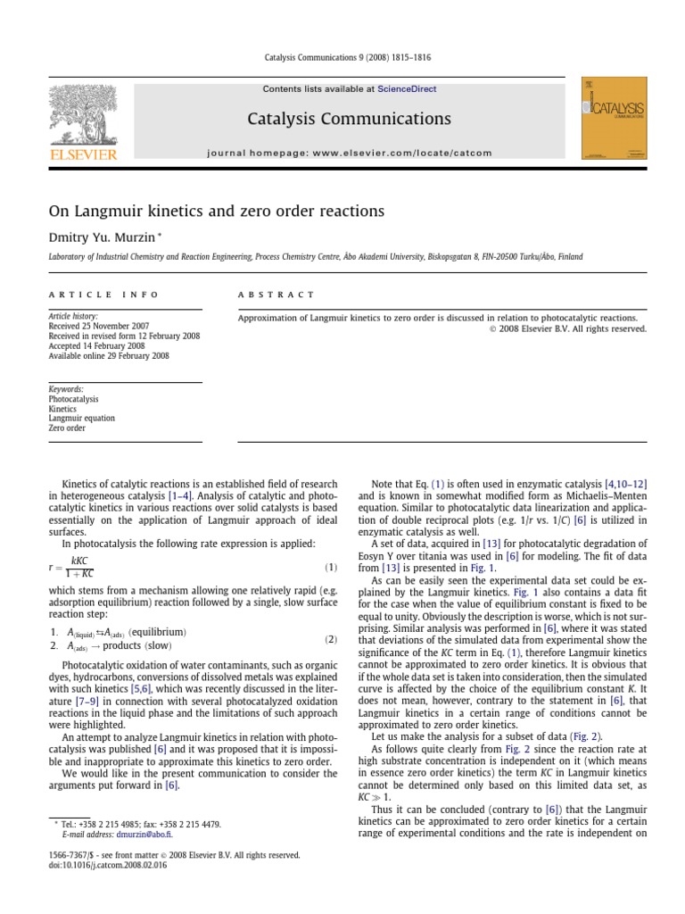 Catalysis Communications: Dmitry Yu. Murzin | PDF | Enzyme Kinetics | Catalysis
