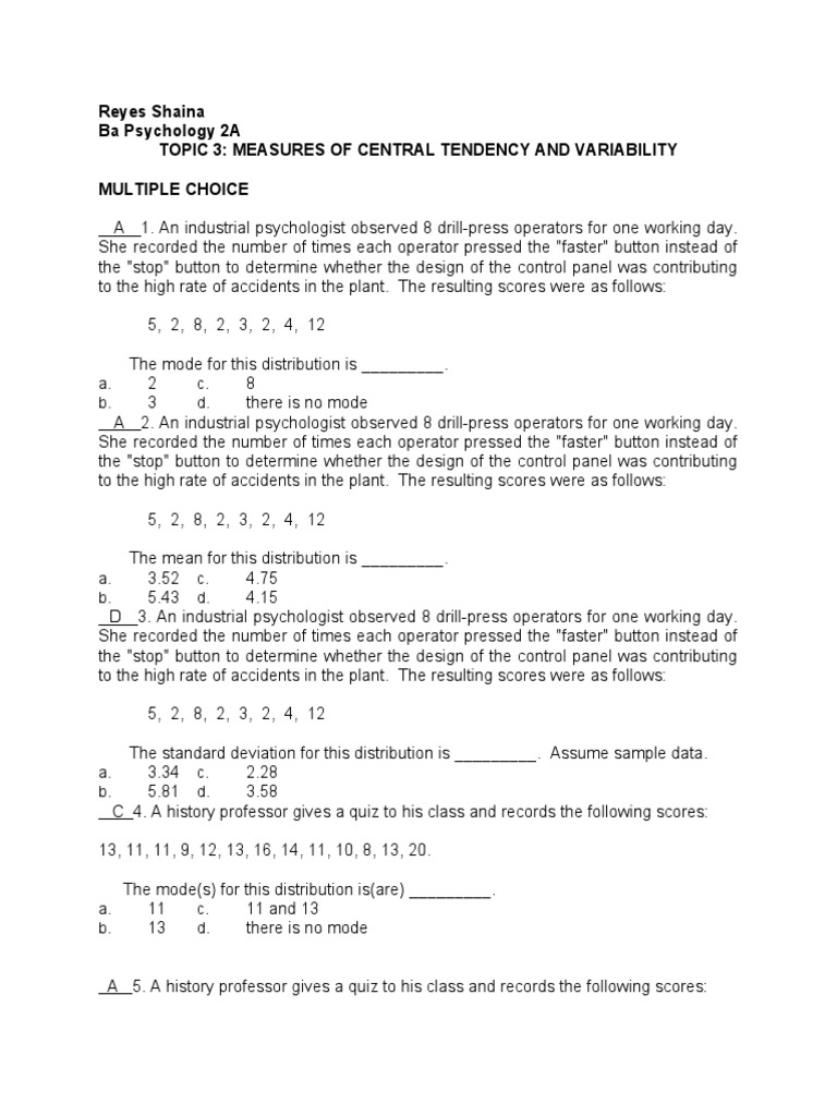 Reyes Shaina Ba Psychology 2A Topic 3: Measures of Central Tendency and ...