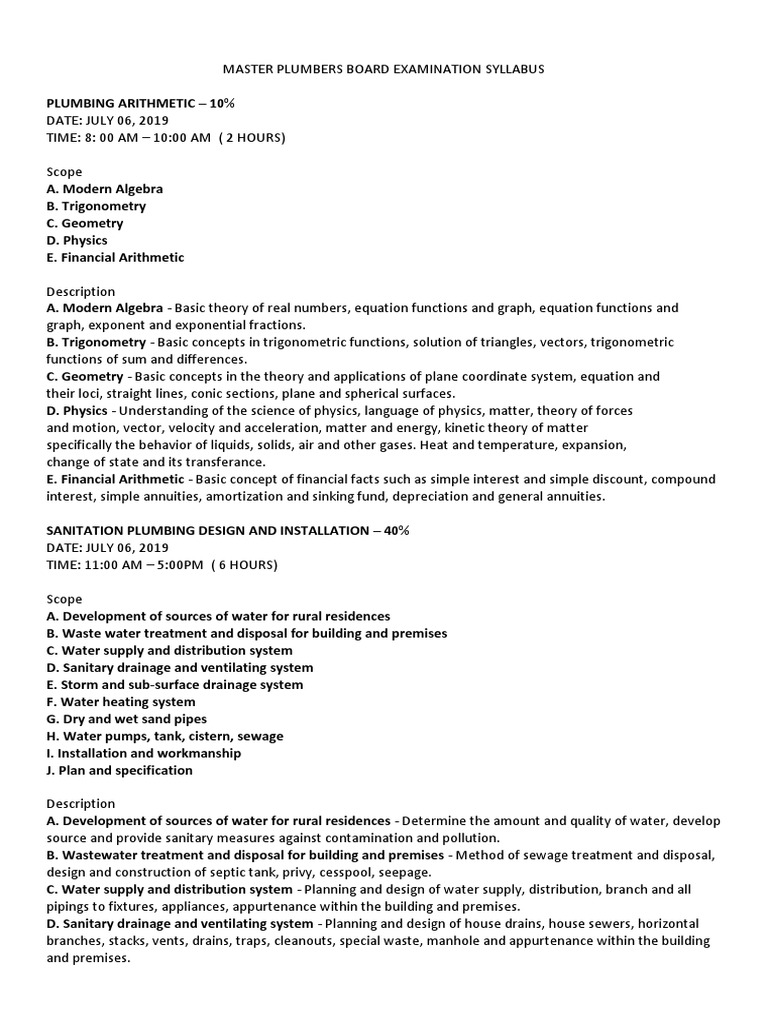 Syllabus of Examination Master Plumbers Licensure | PDF | Plumbing | Storm Drain