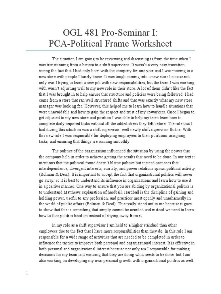 OGL 481 Pro-Seminar I: PCA-Political Frame Worksheet | PDF | Leadership ...