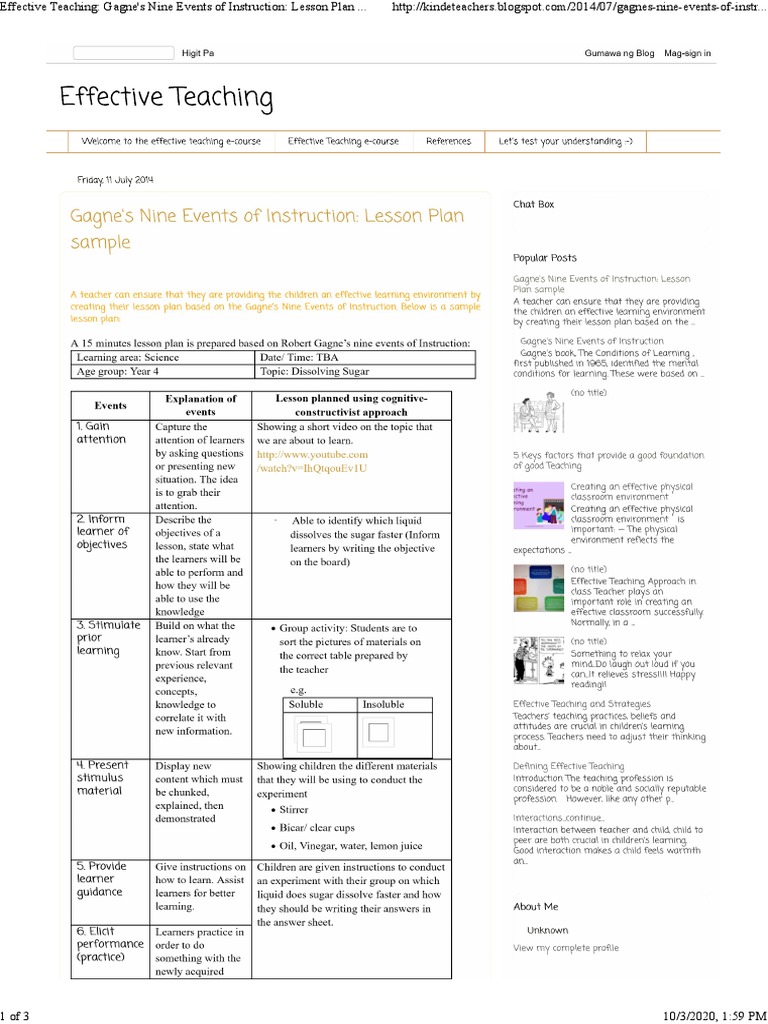 Gagne's Nine Events Lesson Plan Example | PDF | Lesson Plan | Experiment