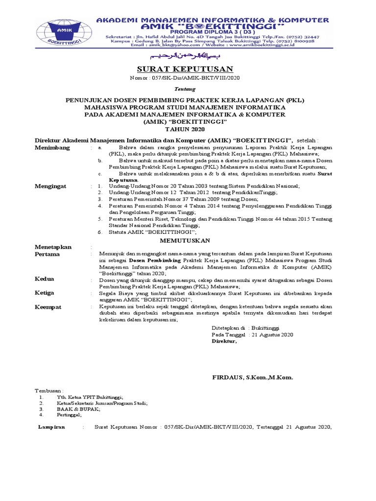 SK Pembimbing PKL 2020 | PDF