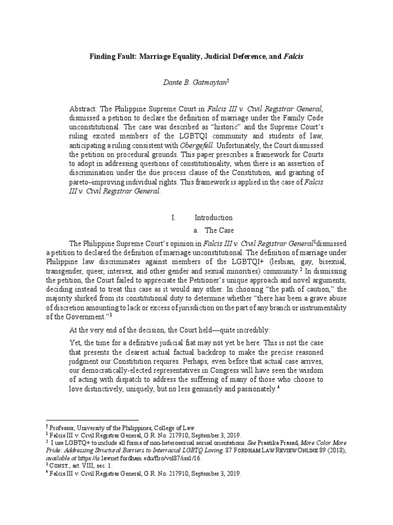 Dante B. Gatmaytan: Finding Fault: Marriage Equality, Judicial Deference, and Falcis | PDF ...