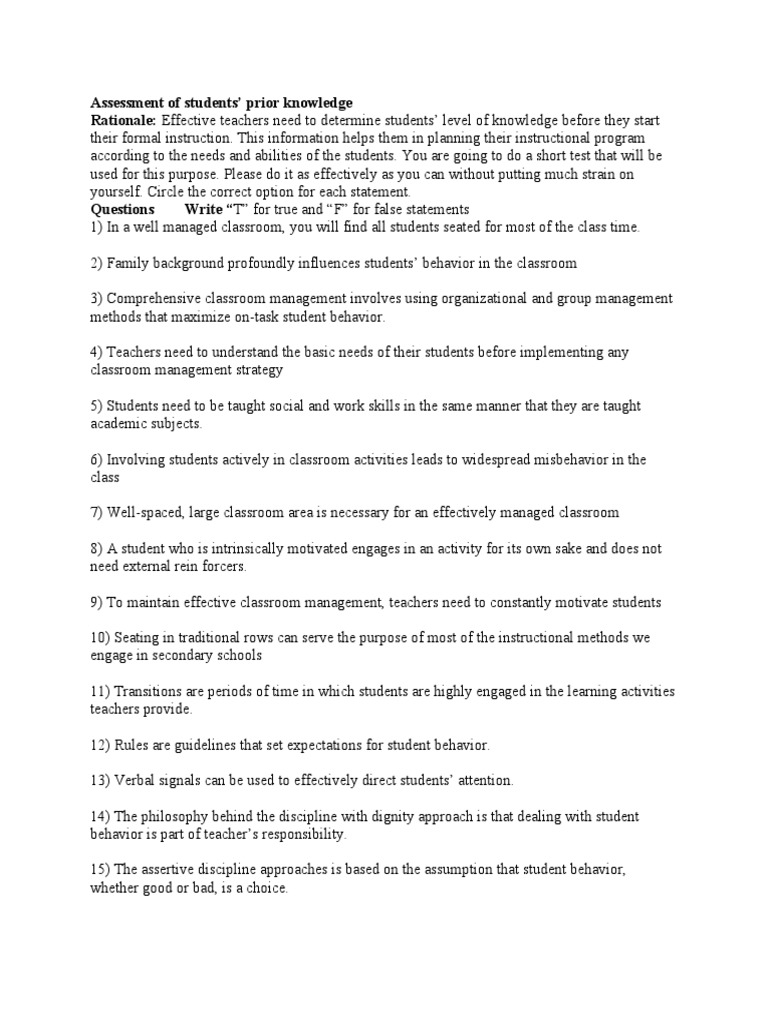 Assessment of Students' Prior Knowledge Rationale: Effective Teachers ...