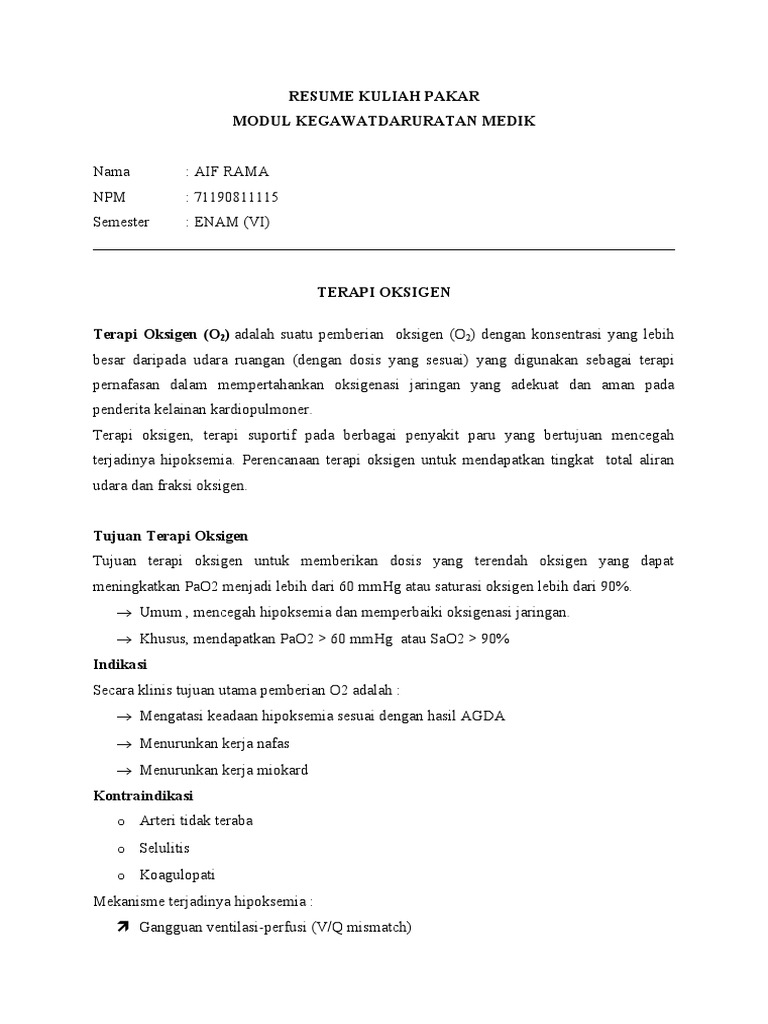 Tugas Resume Kuliah Pakar Terapi Oksigen Aif Rama | PDF