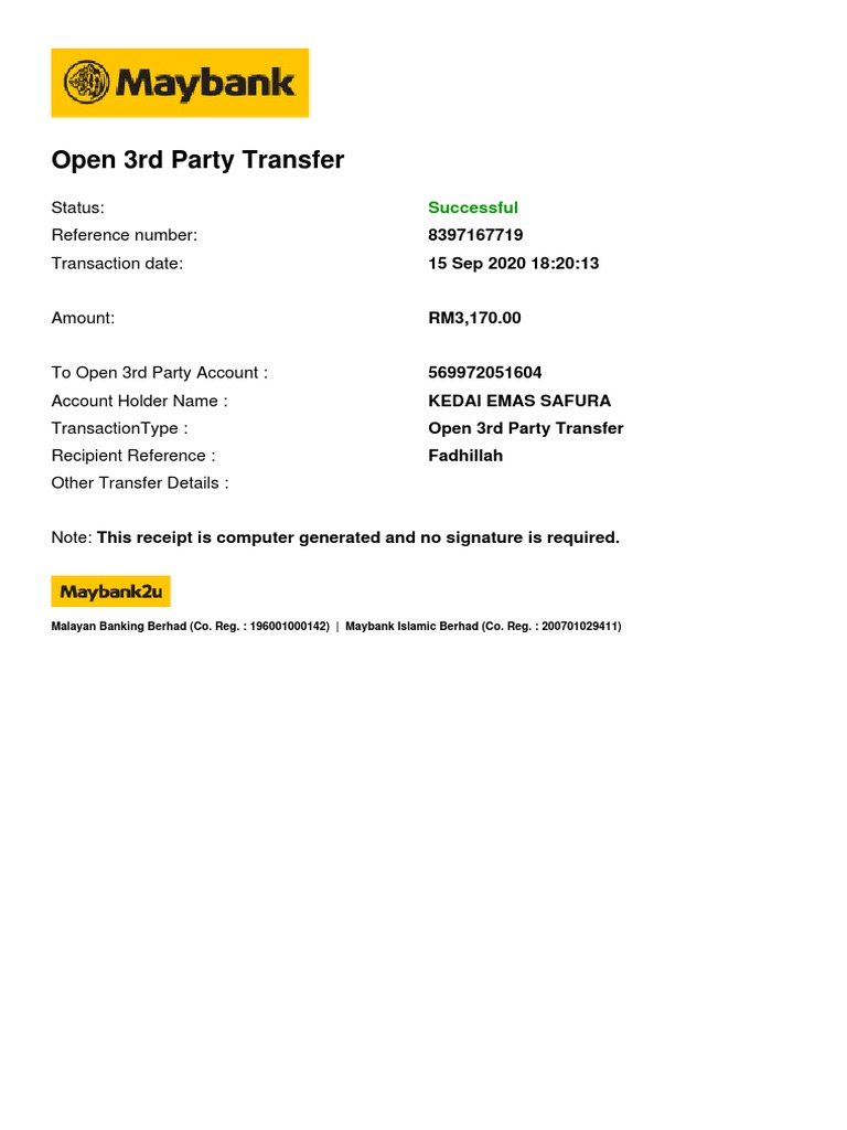 Successful 3rd Party Transfer Receipt | PDF