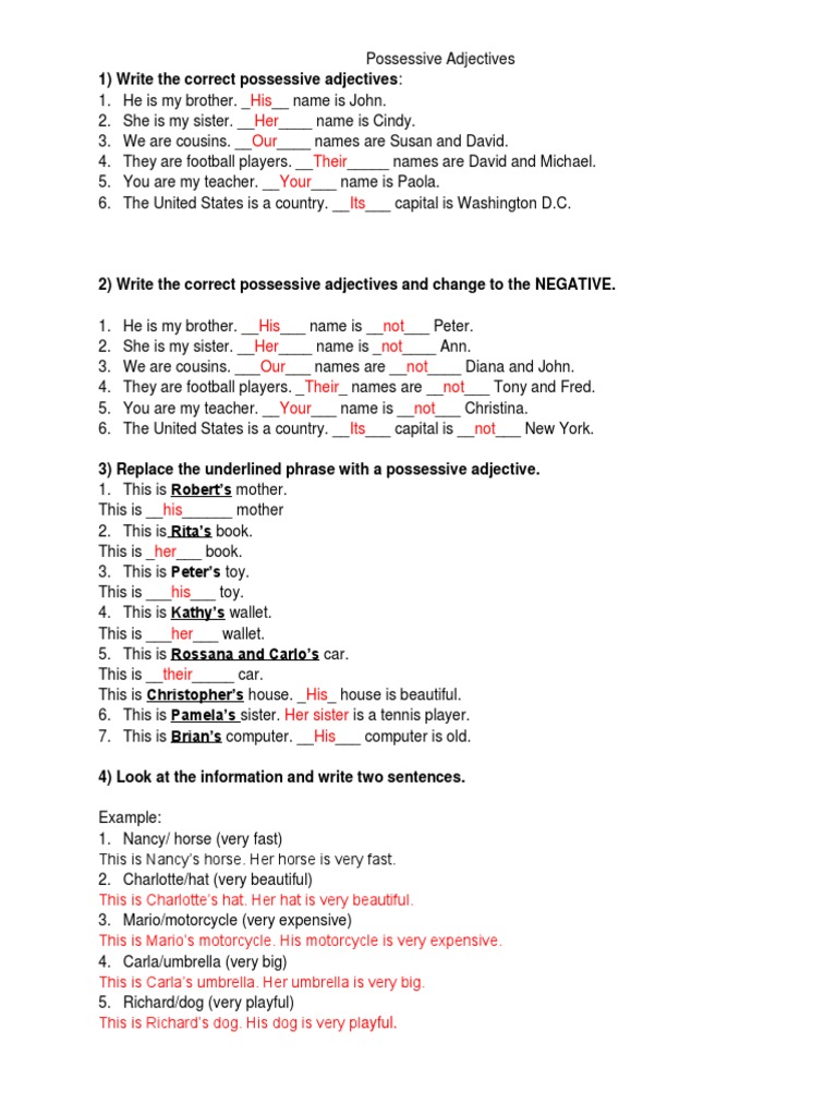 Possessive Adjective Exercises | PDF | Semantic Units | Syntactic ...
