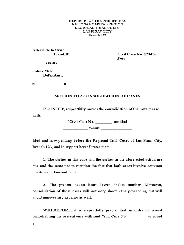 Motion to Consolidate Cases: Aderis vs. Julius | PDF