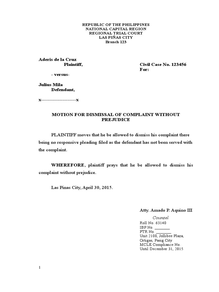 Motion For Dismissal of Complaint Without Prejudice | PDF