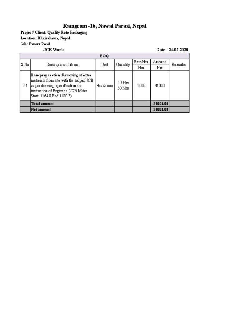 JCB Work Quotation for Pavers Road | PDF