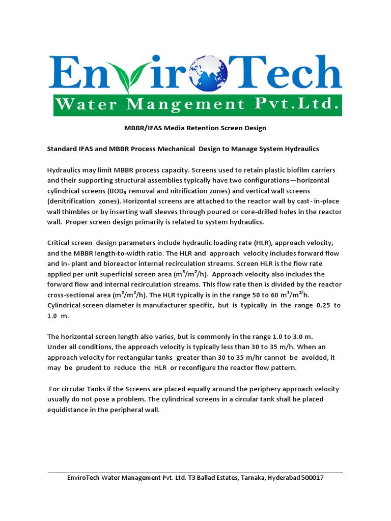 MBBR IFAS Media Retention Screen Design | PDF | Flow Measurement ...