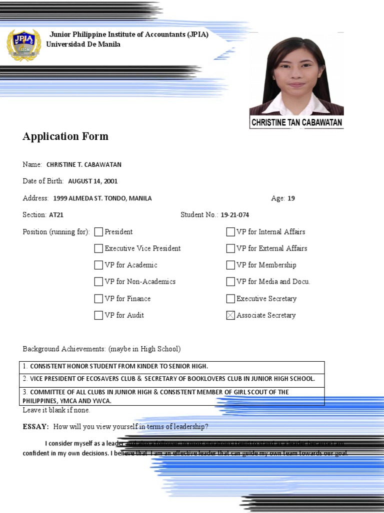 Application Form: Junior Philippine Institute of Accountants (JPIA ...