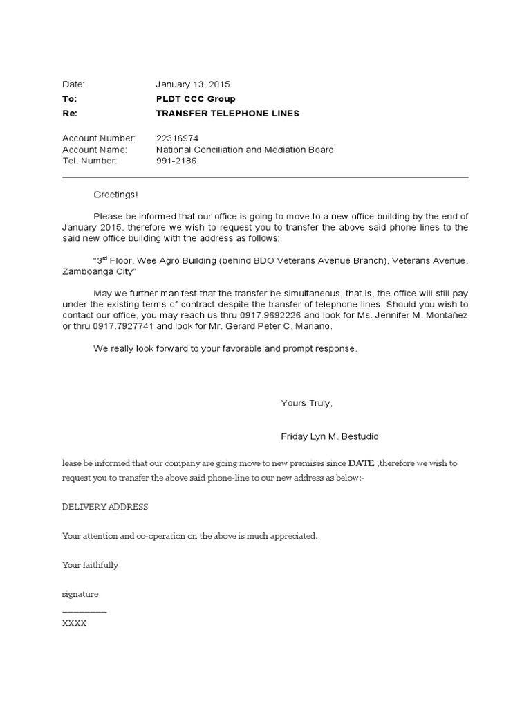 PLDT Telephone Line Transfer Request | PDF