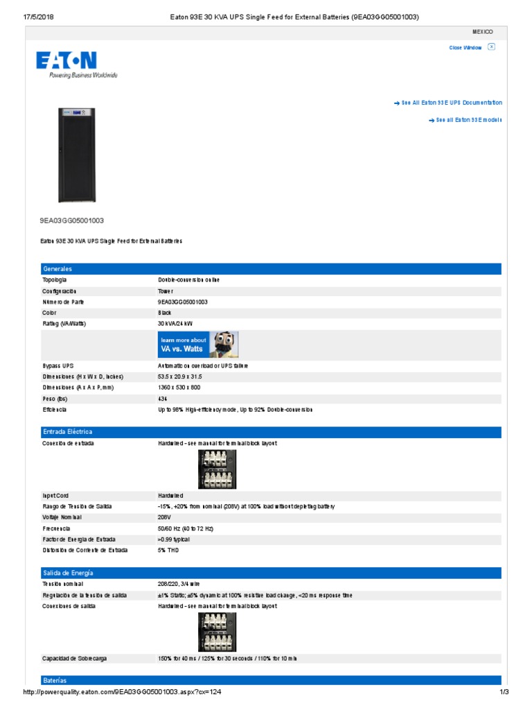 Eaton 93E 30 KVA UPS Single Feed For External Batteries (9EA03GG05001003) | PDF | Electronics ...