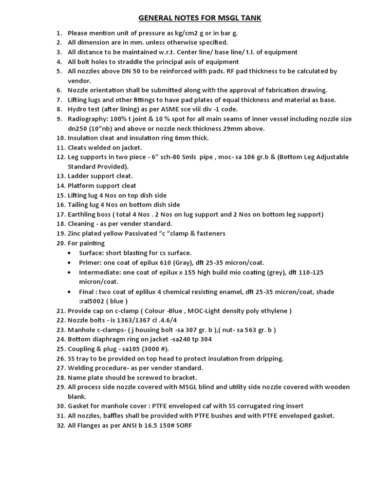 General Notes-MSGL TANK | PDF