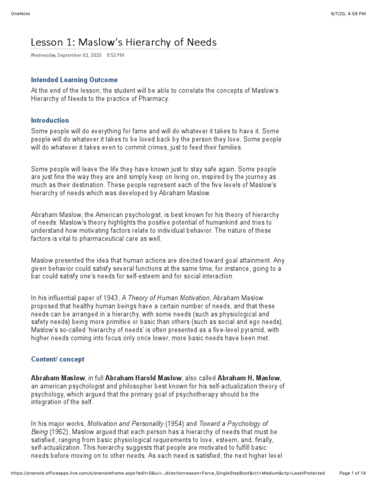 Maslow's Hierarchy of Needs Lesson Explained | PDF | Self Actualization ...