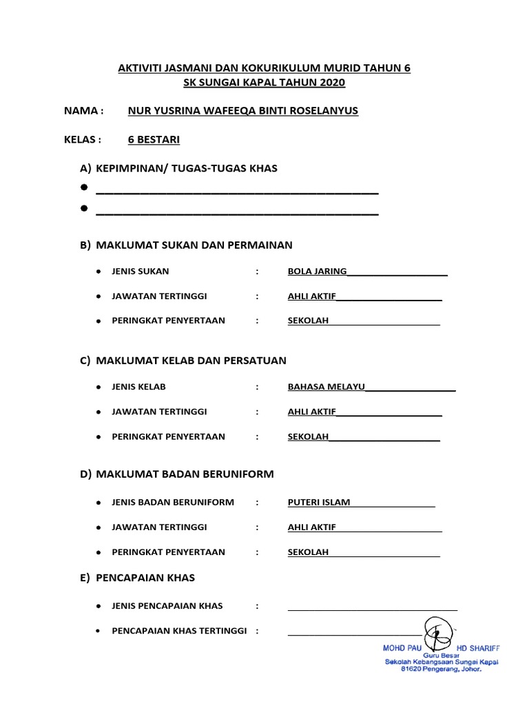 Aktiviti Jasmani Dan Kokurikulum Murid Tahun 6 Pdf