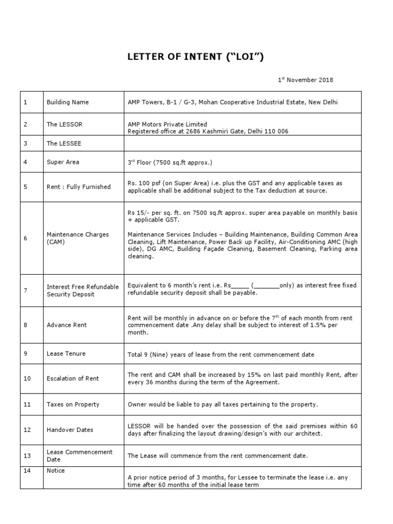 Letter of Intent ("Loi") | PDF | Urban | Lease