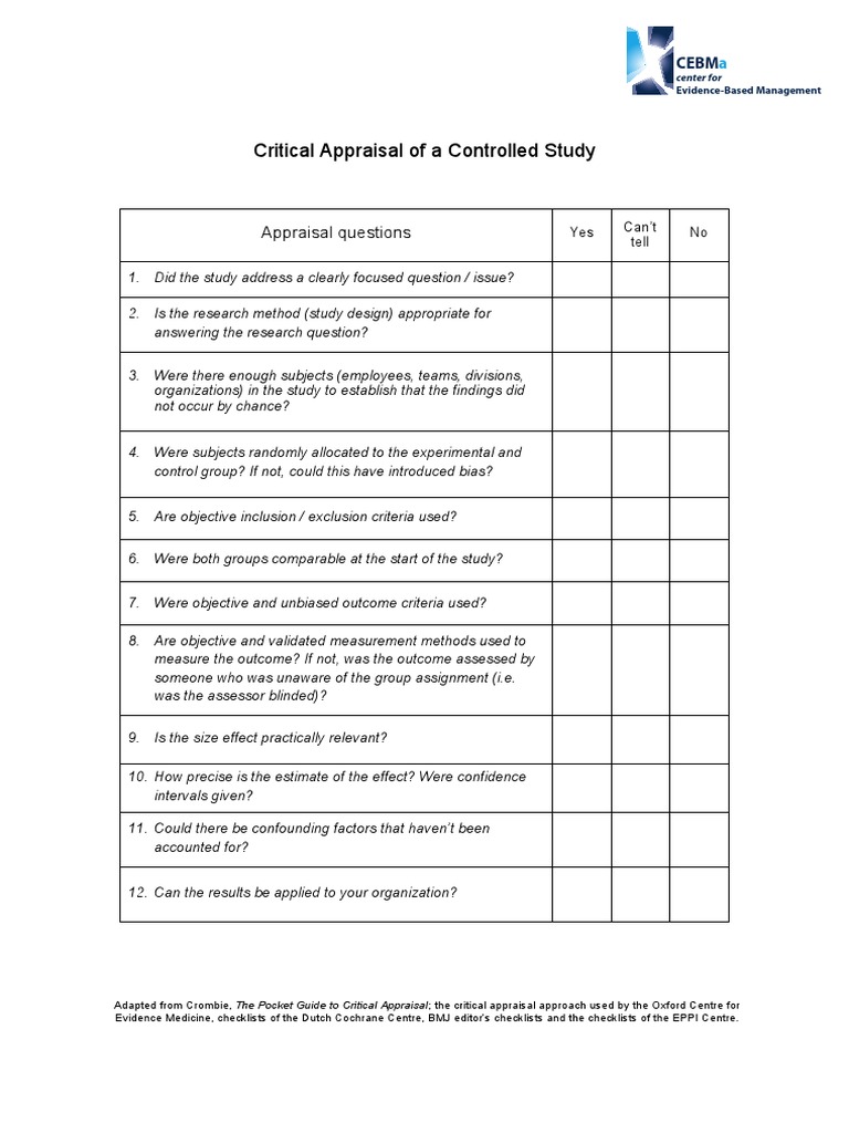 Critical Appraisal Questions For A Controlled Study | PDF