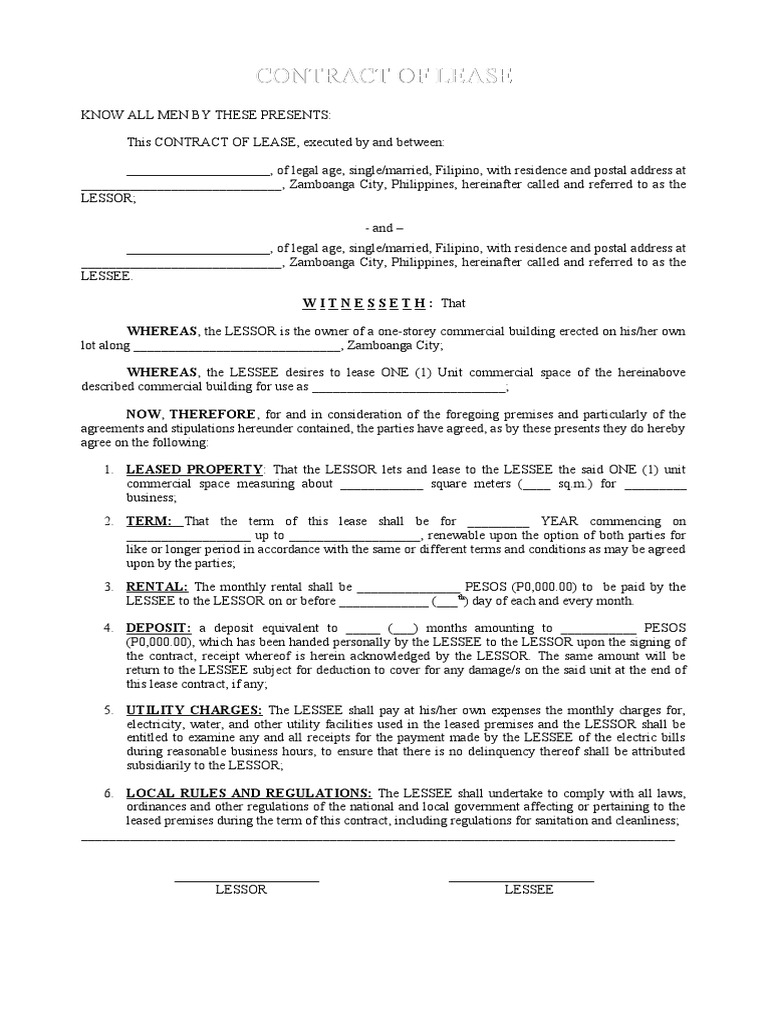 Contract of Lease - Commercial Space - Sample | PDF | Lease | Civil Law ...