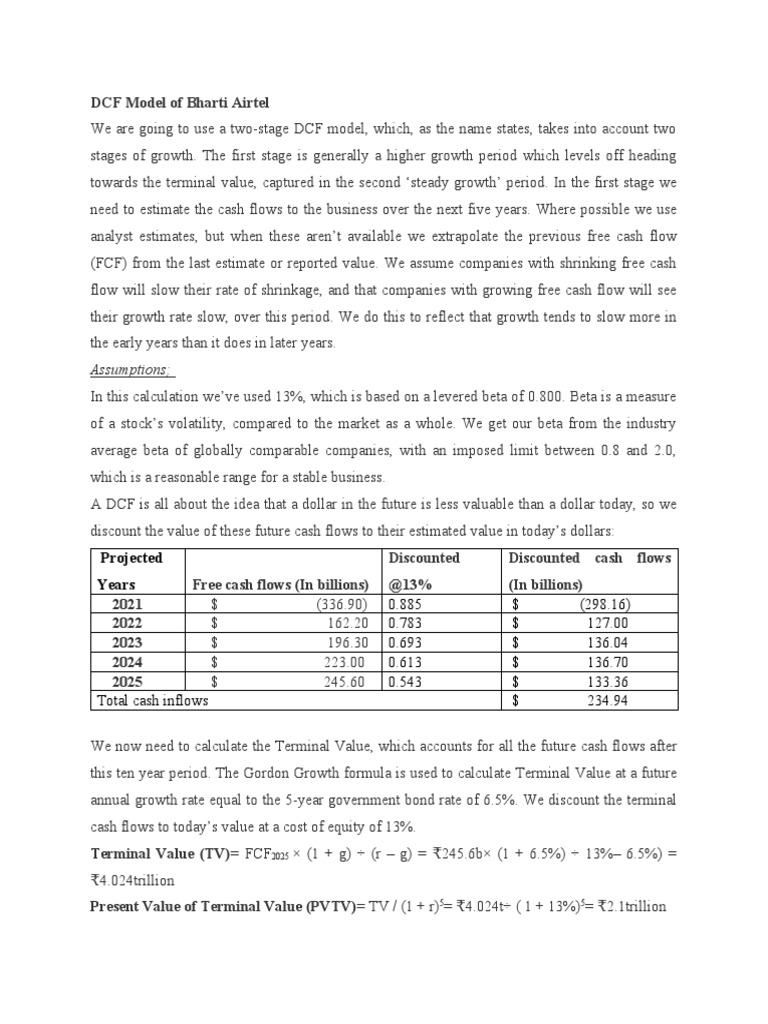 DCF Model of Bharti Airtel: Assumptions | PDF | Cost Of Capital ...