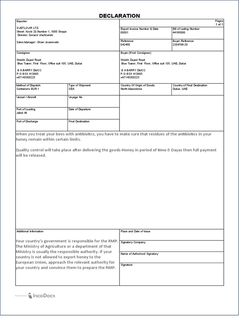Declaration | PDF | Consignee | Trade