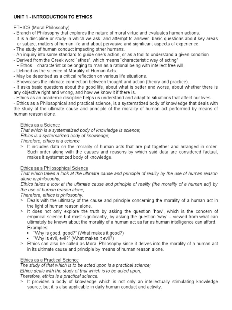 Unit 1 - Introduction To Ethics | PDF | Morality | Good And Evil