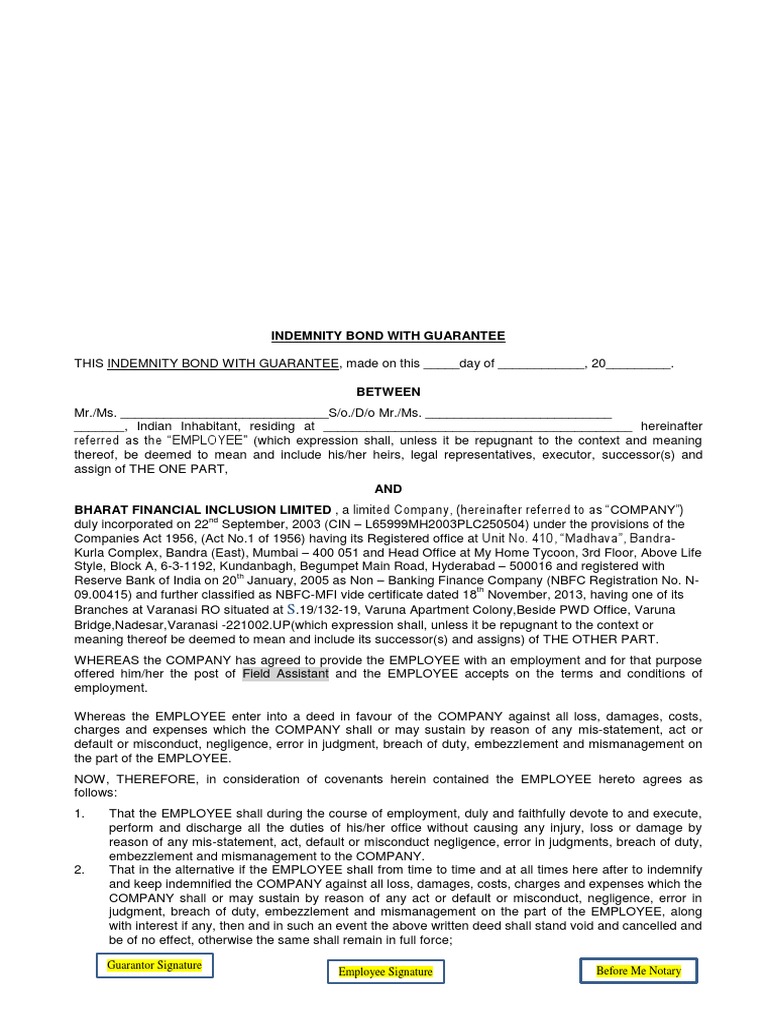 Indemnity Bond Format for Employees | PDF | Damages | Negligence