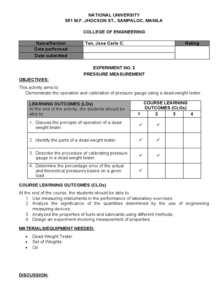 Experiment 2 Pressure Measurementtan | PDF | Calibration | Pressure ...
