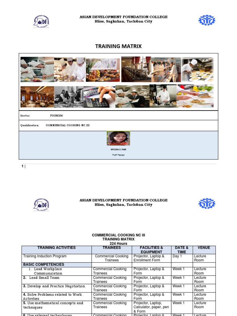COMMERCIAL COOKING NC III Training Matrix | PDF | Buffet | Menu