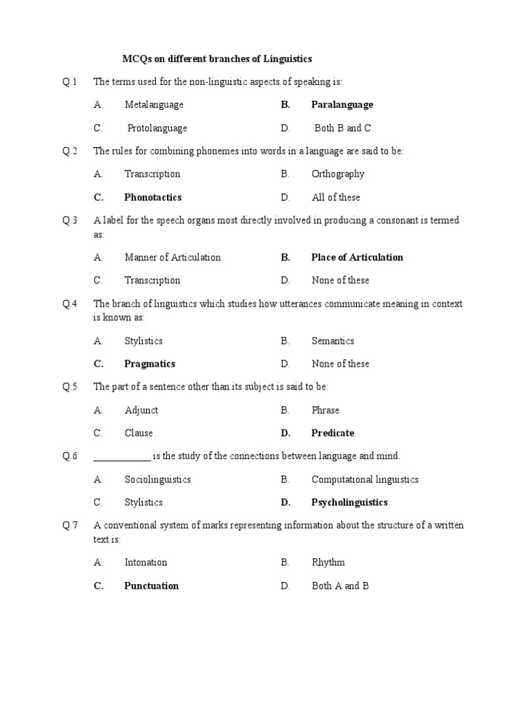 MCQs On Branches of Linguistics-1 | PDF | Phonetics | Verb