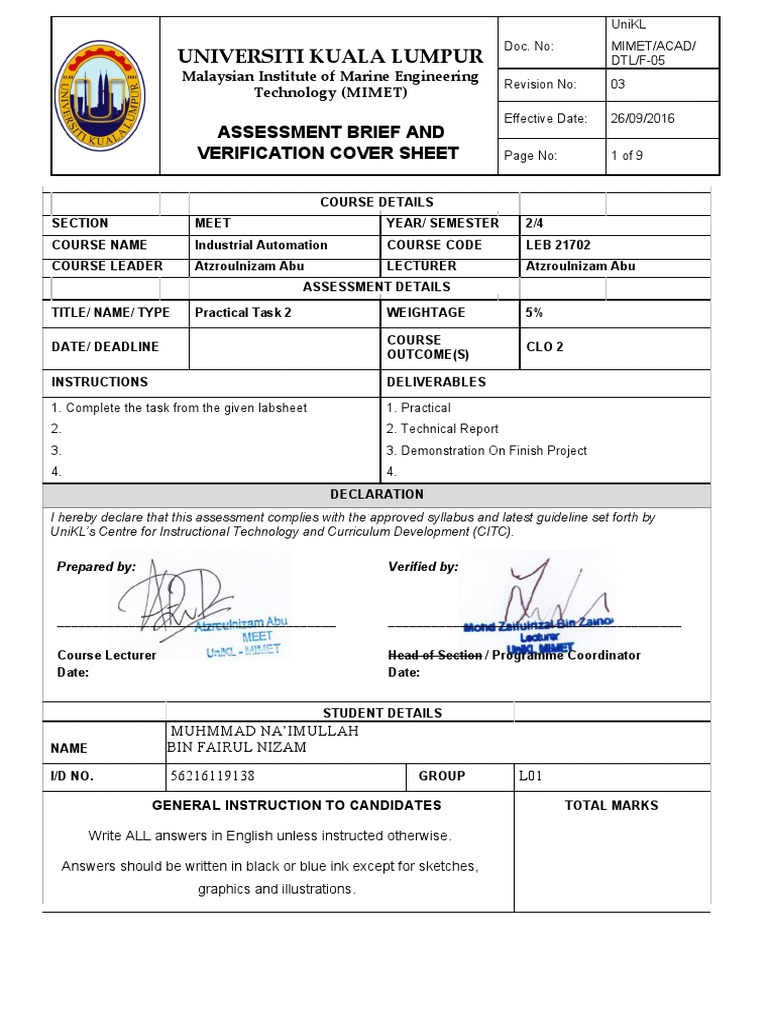 Universiti Kuala Lumpur: Assessment Brief and Verification Cover Sheet ...