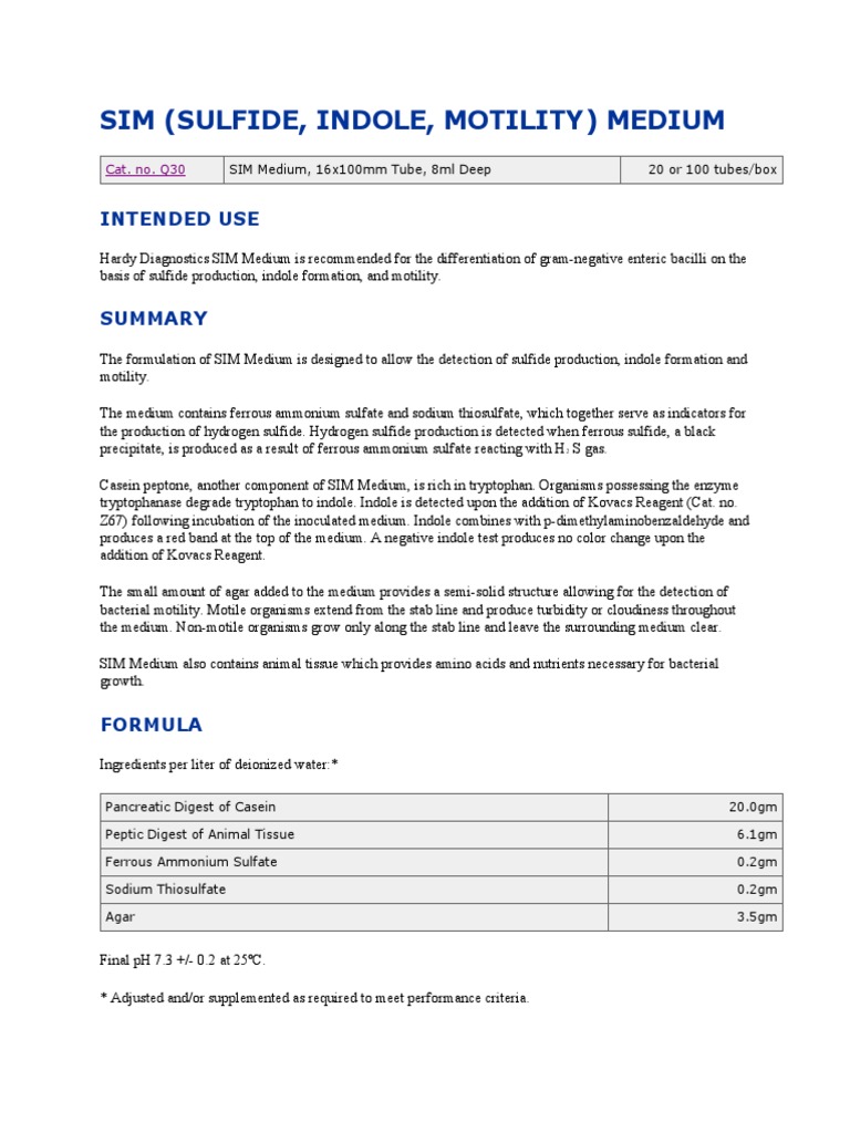 Sim (Sulfide, Indole, Motility) Medium: Intended Use | PDF | Infection ...