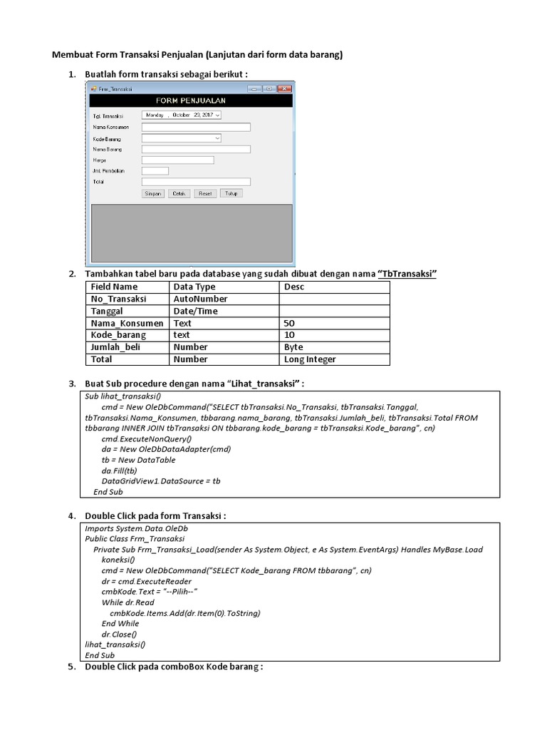 Membuat Form Transaksi Penjualan (Lanjutan Dari Form Data Barang) | PDF ...