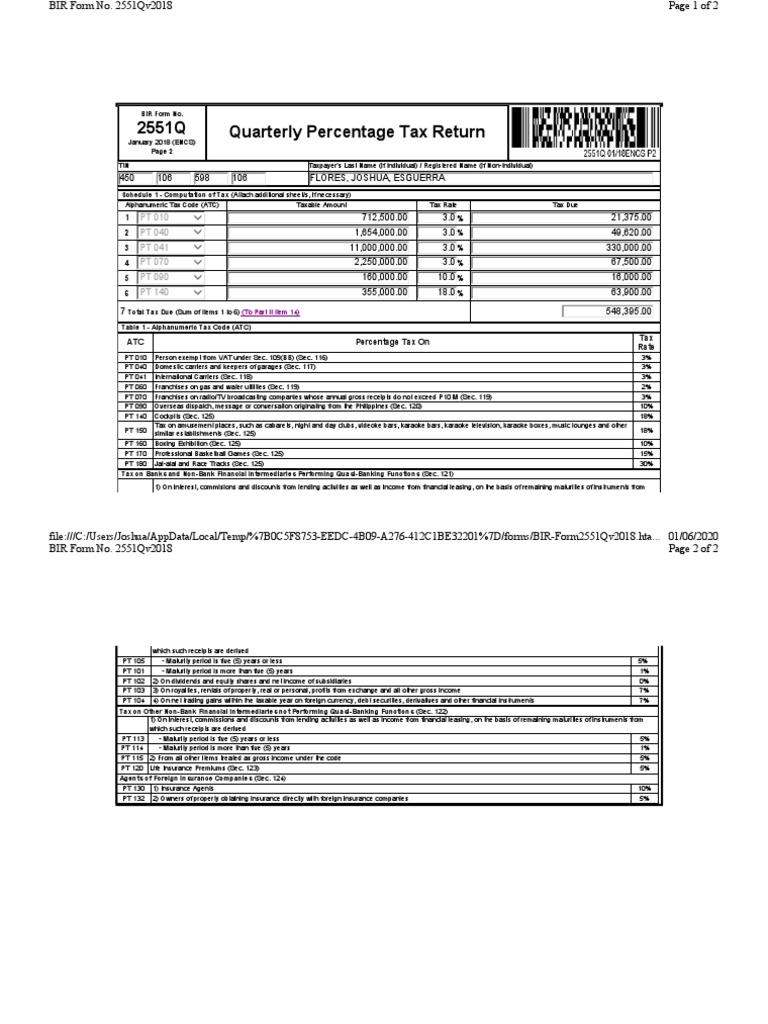 2551Q Quarterly Percentage Tax Return: 450 106 598 106 Flores, Joshua ...