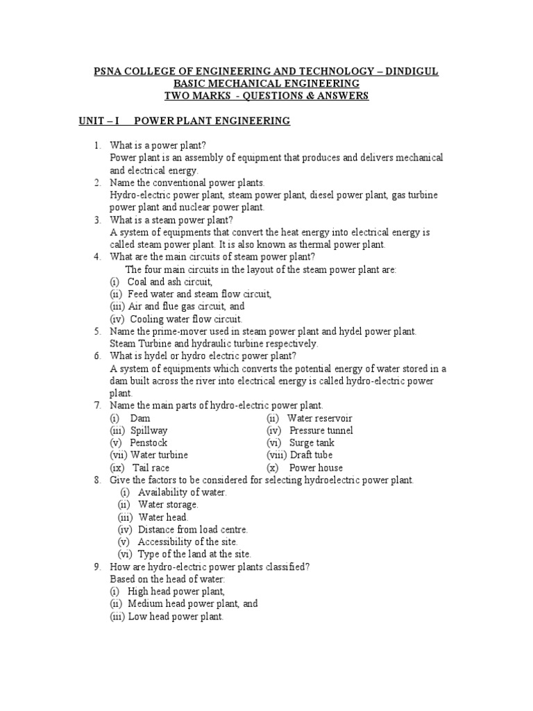 Psna College of Engineering and Technology - Dindigul Basic Mechanical Engineering Two Marks ...