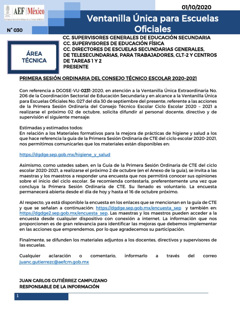 Ventanilla Única para Escuelas Oficiales No.030 01.10.2020 | PDF | Educación avanzada | Science