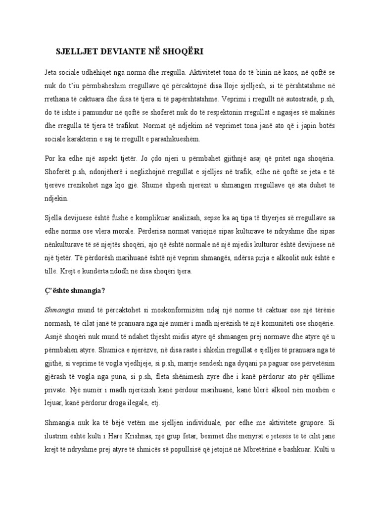 Sjelljet Deviante Në Shoqëri: Ç'ështe Shmangia? | PDF