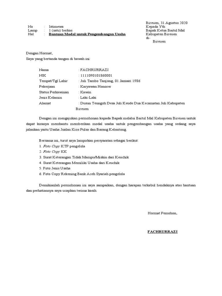 Surat Permohonan Bantuan Modal Baitul Mal | PDF Surat Permohonan Bantuan Modal Baitul Mal | PDF