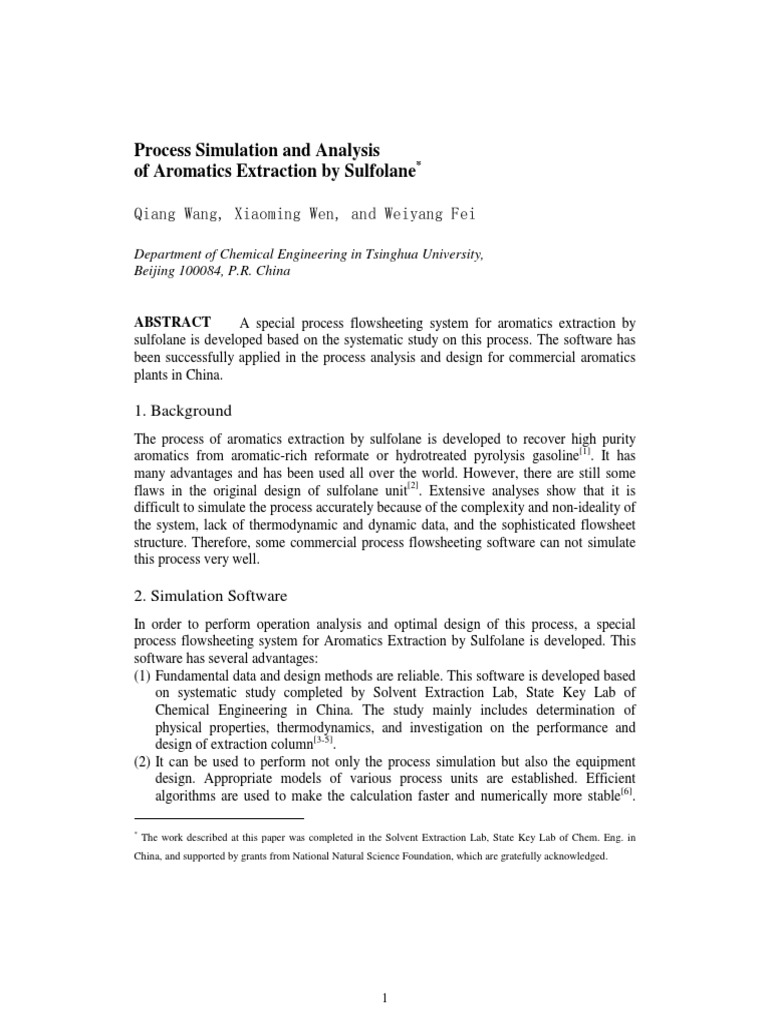 Process Simulation and Analysis of Aromatics Extraction by Sulfolane ...