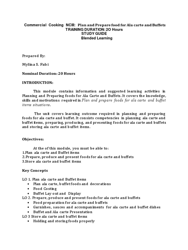 Commercial Cooking NCIII: Plan and Prepare Food For Ala Carte and ...