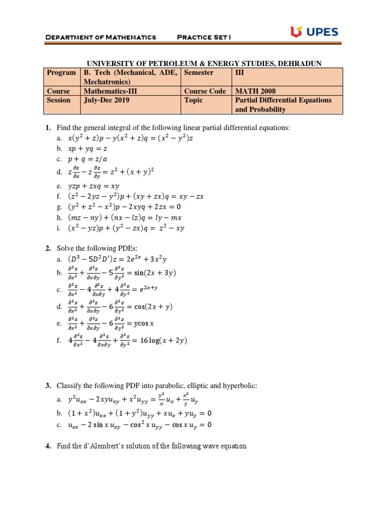 Math Practice Set: PDEs & Probability | PDF | Wave Equation | Probability