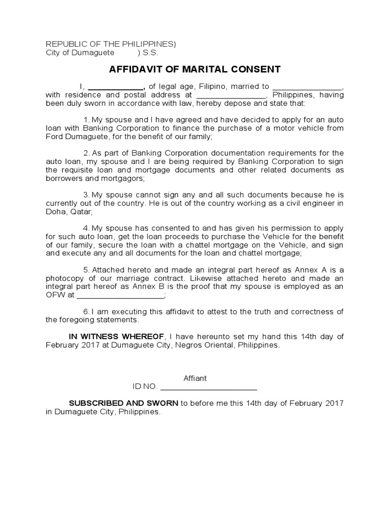 Sample Aff of Marital Consent For Loan | PDF