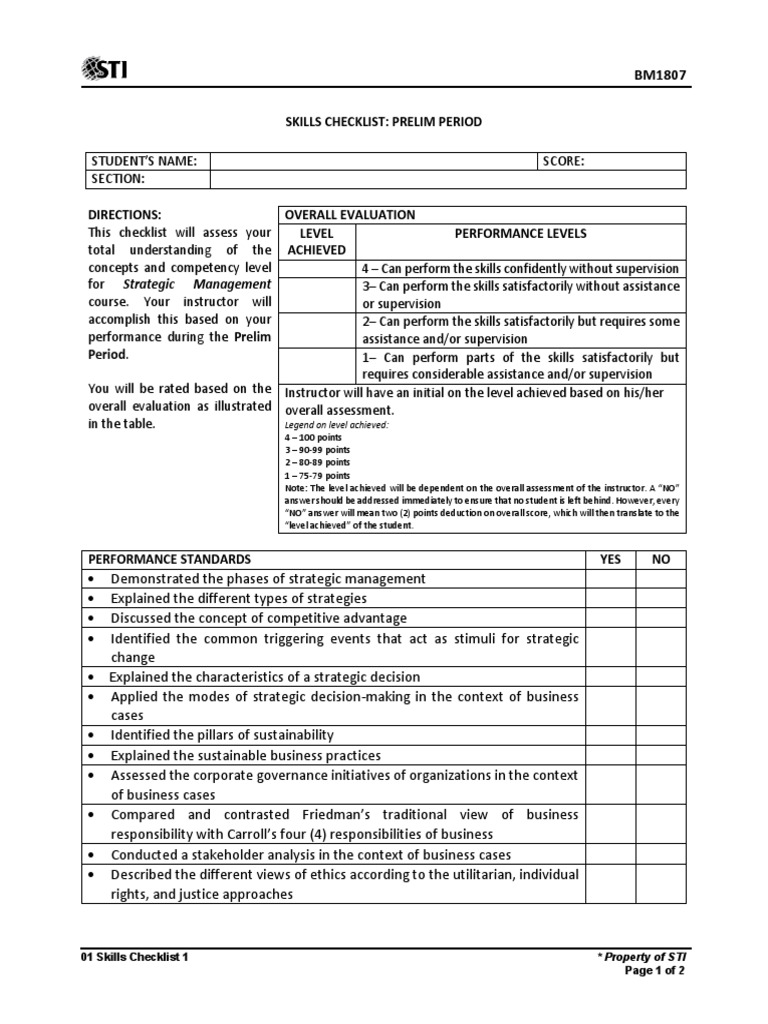 01 Skills Checklist 1 - 2 | PDF | Strategic Management | Business Ethics