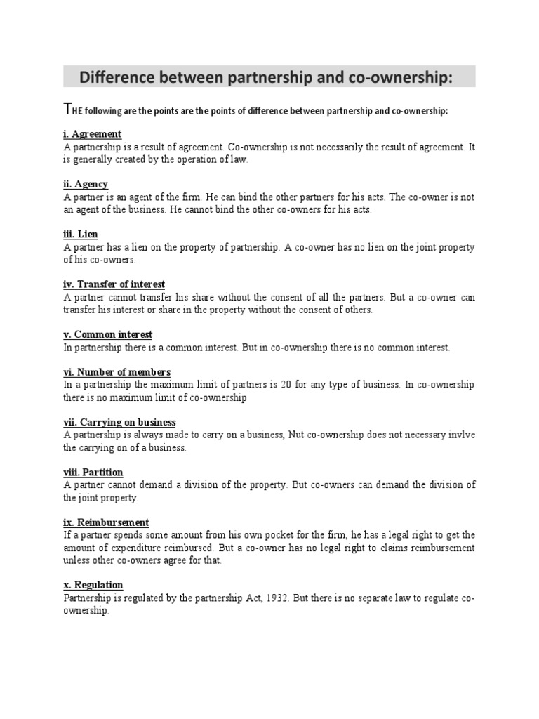 Difference Between Partnership and Co-Ownership:: I. Agreement | PDF ...