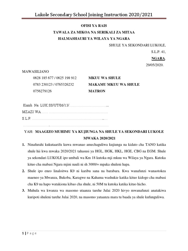 Lukole Secondary School Joining Instruction 2020-2021 | PDF